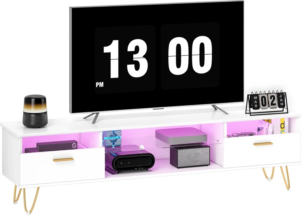 HOMCOM TV nábytek s 16barevným LED RGB osvětlením, TV stojan pro televize od 42 do 120 palců, 160x35x42 cm, bílý