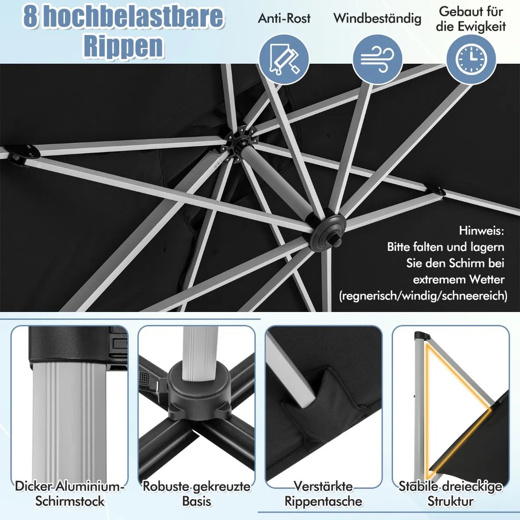Costway Slunečník obdélníkový s klikou – 300 × 300 cm, černý