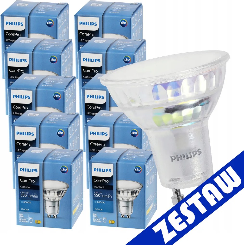 SADA 10x GU10 LED žárovka PHILIPS 4,9W 550lm - studená bílá
