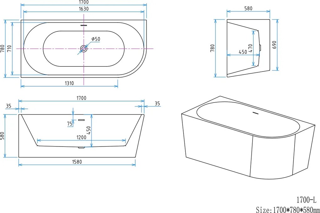 Erga Zara, rohová volně stojící vana 160x75 cm + odtoková zátka, levá, bílá lesklá, ERG-ZARA-160075L-WH-WH