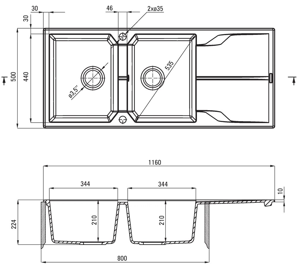 Deante Andante, granitový dřez 1160x500x224 mm + prostorově úsporný sifon, 2-komorový, grafitová, ZQN_G213