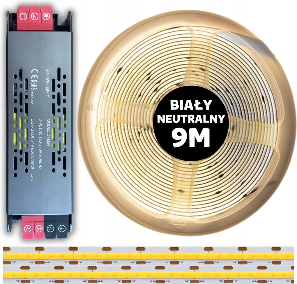 Set 9M Led pásek Cob 480 diod 4000K neutrální bílá 24V 10W napájecí zdroj