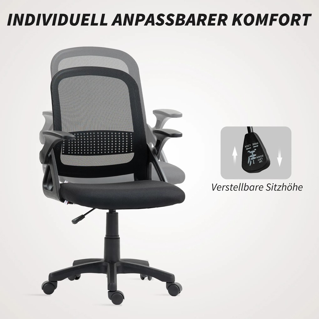 HOMCOM ergonomická síťovaná kancelářská židle se sklopnými područkami, bederní oporou a nastavitelnou výškou — černá