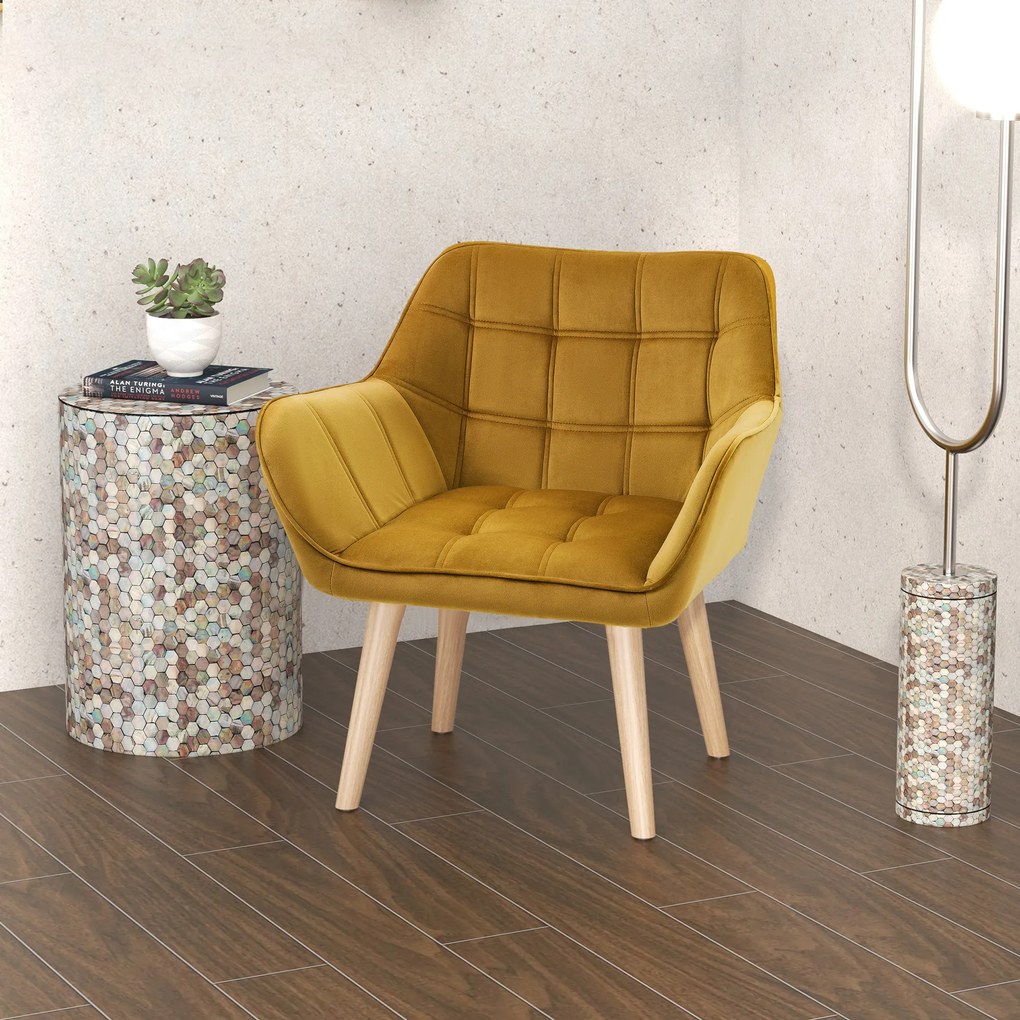 HOMCOM křeslo s polohovatelným sedákem se sametem, skandinávské, zvýšené nohy, sametový polyester, žlutá 67x61,5x71 cm