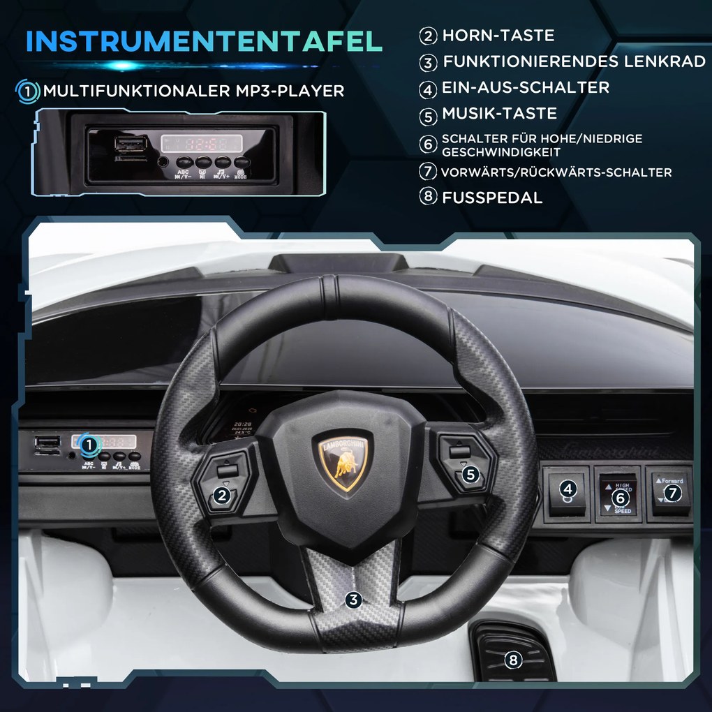 Dětské autíčko HOMCOM Lamborghini, s dálkovým ovládáním, 3 rychlosti, bezpečnostní pásy, hudební (MP3/USB) světlo, nosnost 25 kg, pro 37-60 měsíců, b…