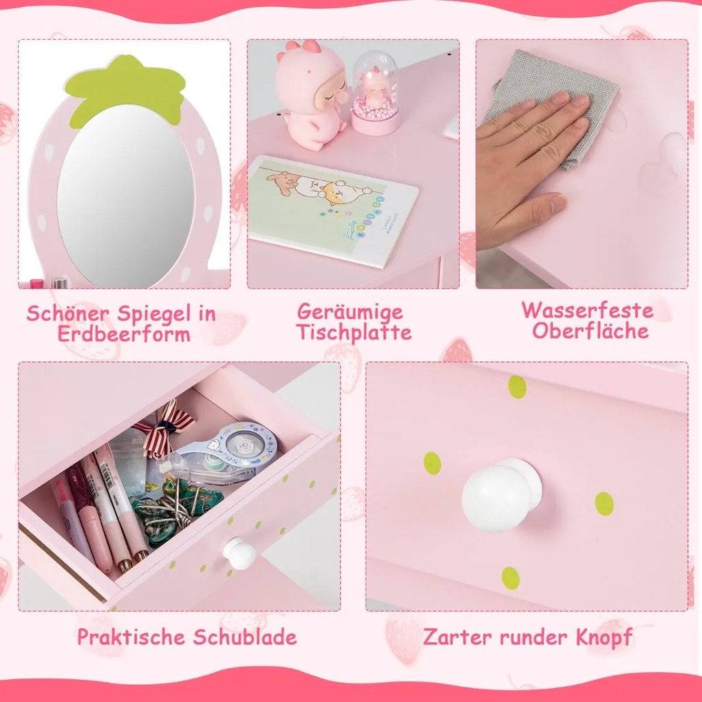Costway Dřevěná 2 ve tvaru jahody v 1 Dětská make-upová sada se stoličkou