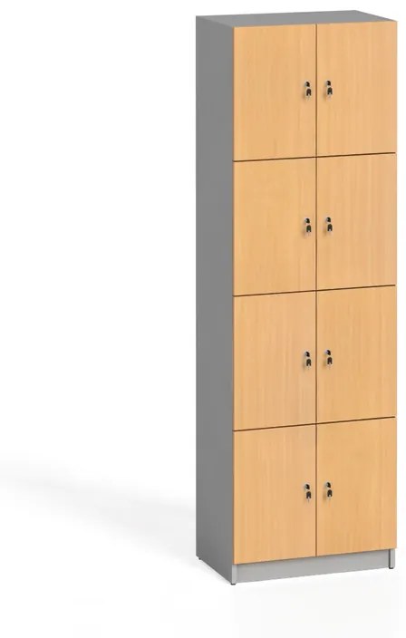 Dřevěná šatní skříňka s úložnými boxy, 8 boxů, 2x4, šedá / modré