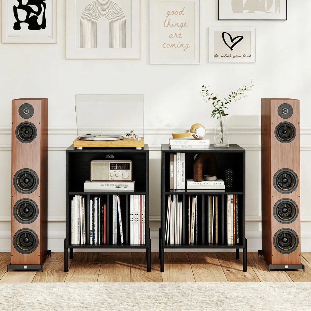 Costway Stolek na gramofon s nabíjecí stanicí a přihrádkami, černý