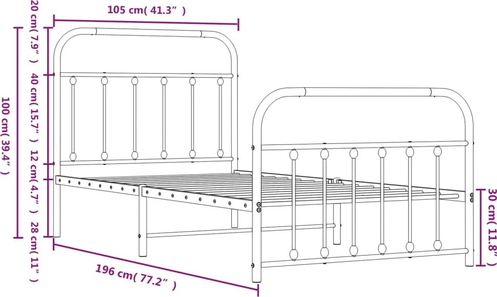 vidaXL Kovový rám postele s hlavovým a nožním čelem 100 x 190 cm [352639] Barva: Bílá