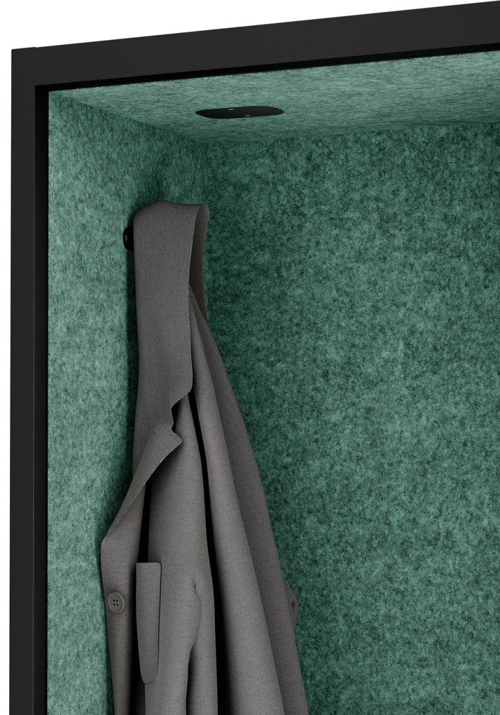 Kancelářská akustická kabina se sedátkem a USB-C portem, korpus antracitový / sedák zelený, 1150 mm: SALLY MentalBox