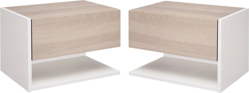 HOMCOM Sada 2 Floating Nočních Stolků Bez Noh s 1 Zásuvkou a Otevřenou Policou pro Ložnici 46x30x30 cm Dub a Bílá | Aosom