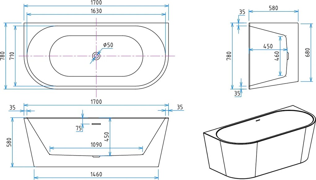 Erga Norah, volně stojící vana ke stěně 170x78 cm + odtoková zátka, bílá lesklá, ERG-NORAH-170078-WH-WH