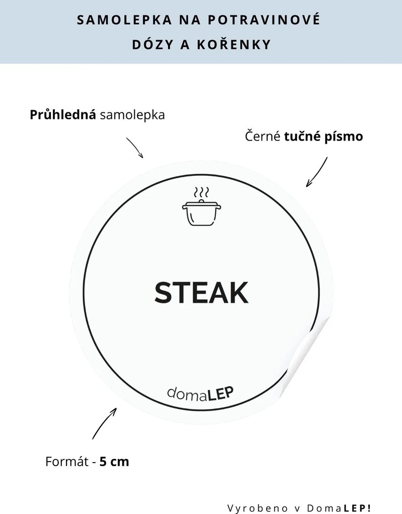 Samolepka na kořenky STEAK průhledná 5 cm tučné písmo