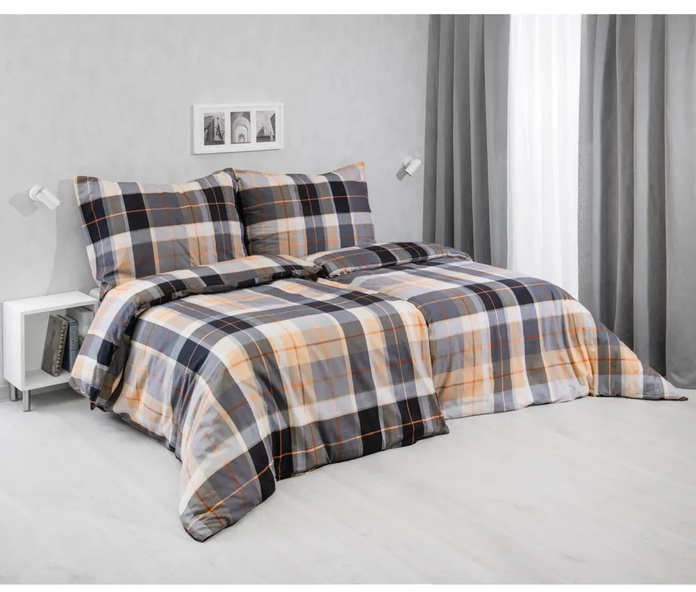 TOP Flanelové povlečení 140x200+70x90 Káro černo/béžové