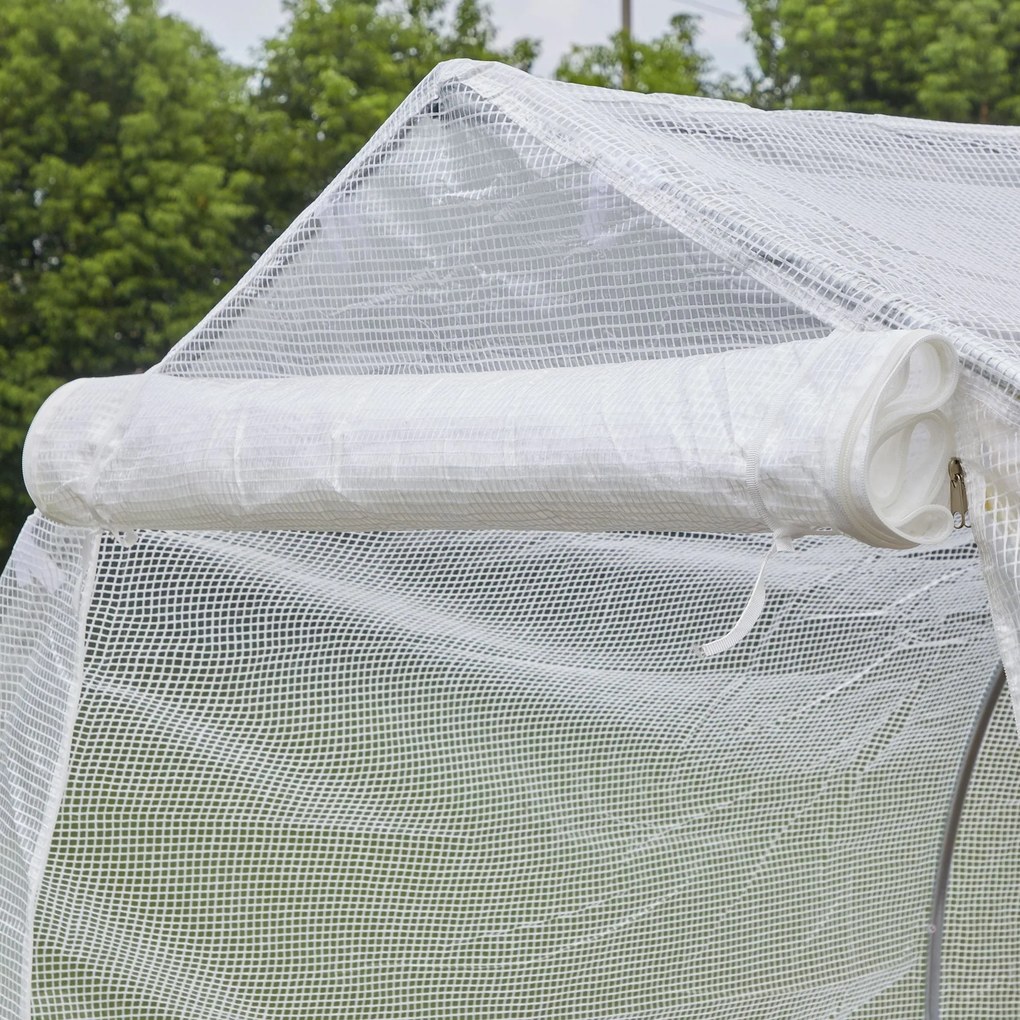 Zahradní skleník Outsunny 4x2x2 m tunelového typu s 6 větracími okny a rolovacím zipovým dveřmi pro pěstování rostlin a zeleniny, bílý