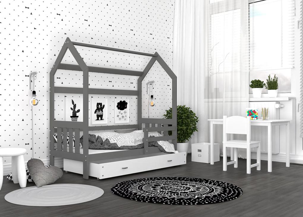 Svět pokojů Dětská postel domeček se zábranou 160x80 cm Matrace: Ano, Barva konstrukce: borovice, Barva šuplíků: zelená