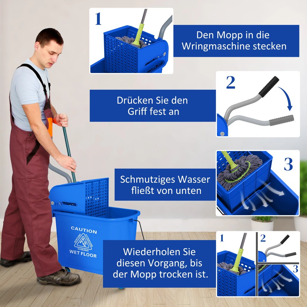 HOMCOM Úklidový vozík mycí kbelík pro domácnost 20 l s odstředivkou a odlučovačem čisté špinavé vody modrý 60L x 27W x 70,5H cm