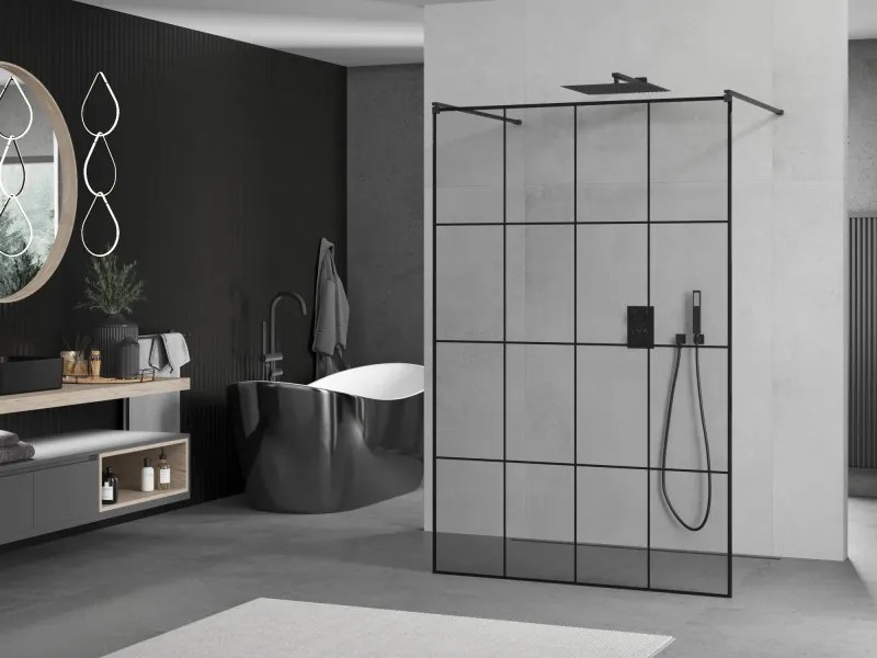 Mexen Kioto, sprchová zástěna Walk-In 150 x 200 cm, 8mm sklo černý vzor, černý profil, 800-150-002-70-77