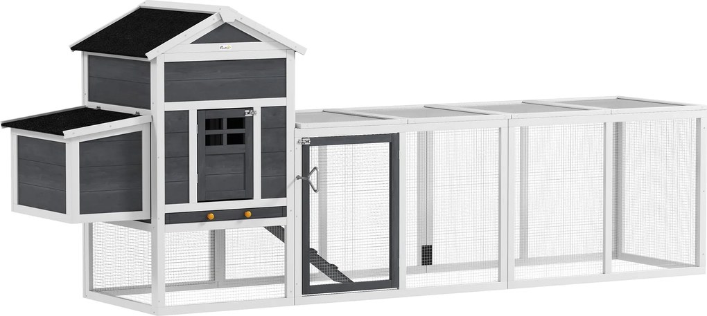 PawHut Venkovní Kurník Dřevěný Velký Kurník pro 3-6 Kurech s Hnízdící Buzerací a Asfaltovou Střechou 297,5x68x118 cm Šedý a Bílý | Aosom