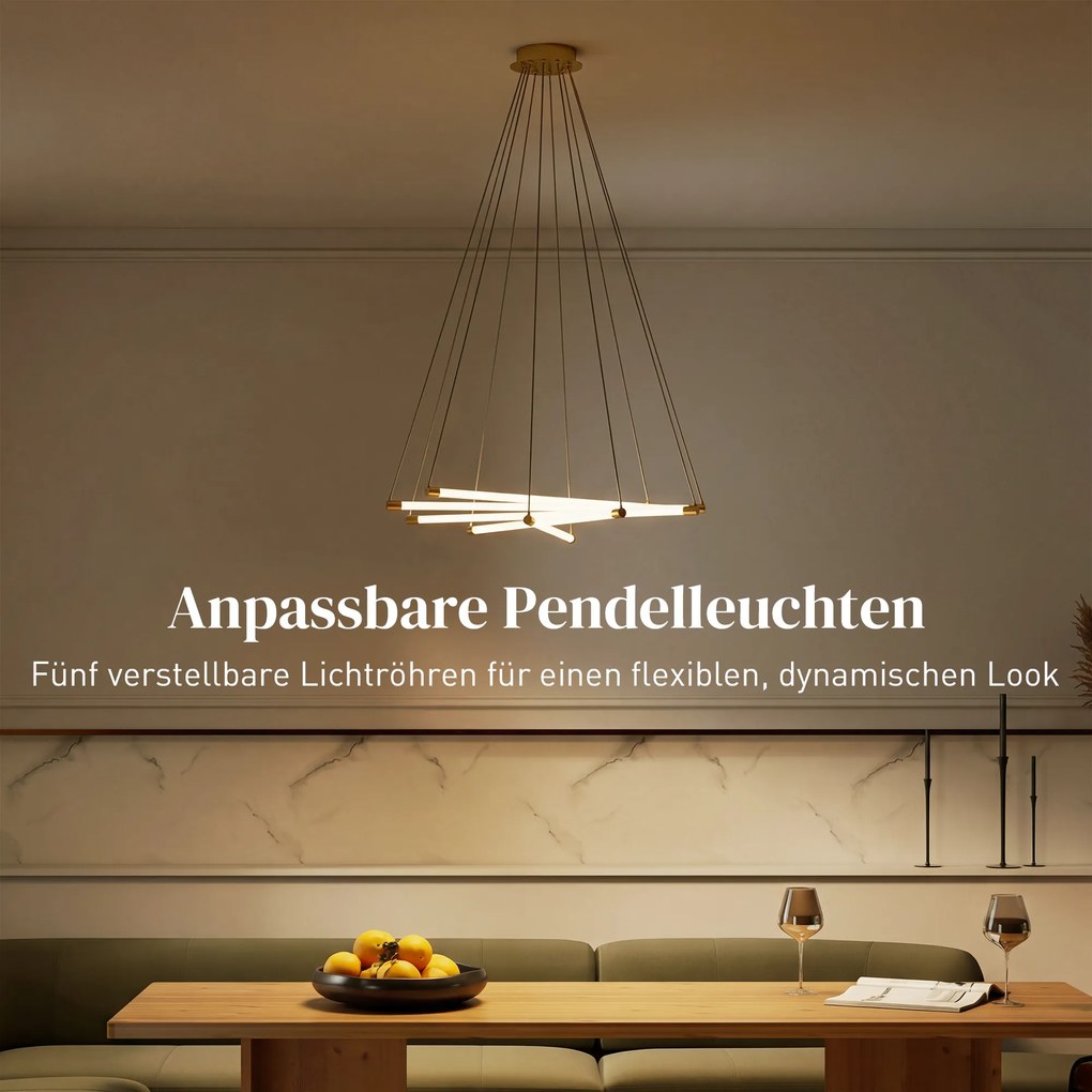 HOMCOM Stropní svítidlo LED, 50 W, 5 nastavitelných světelných trubic, přizpůsobitelné, stropní svítidlo do obývacího pokoje, jídelny, kuchyně, zlatá…