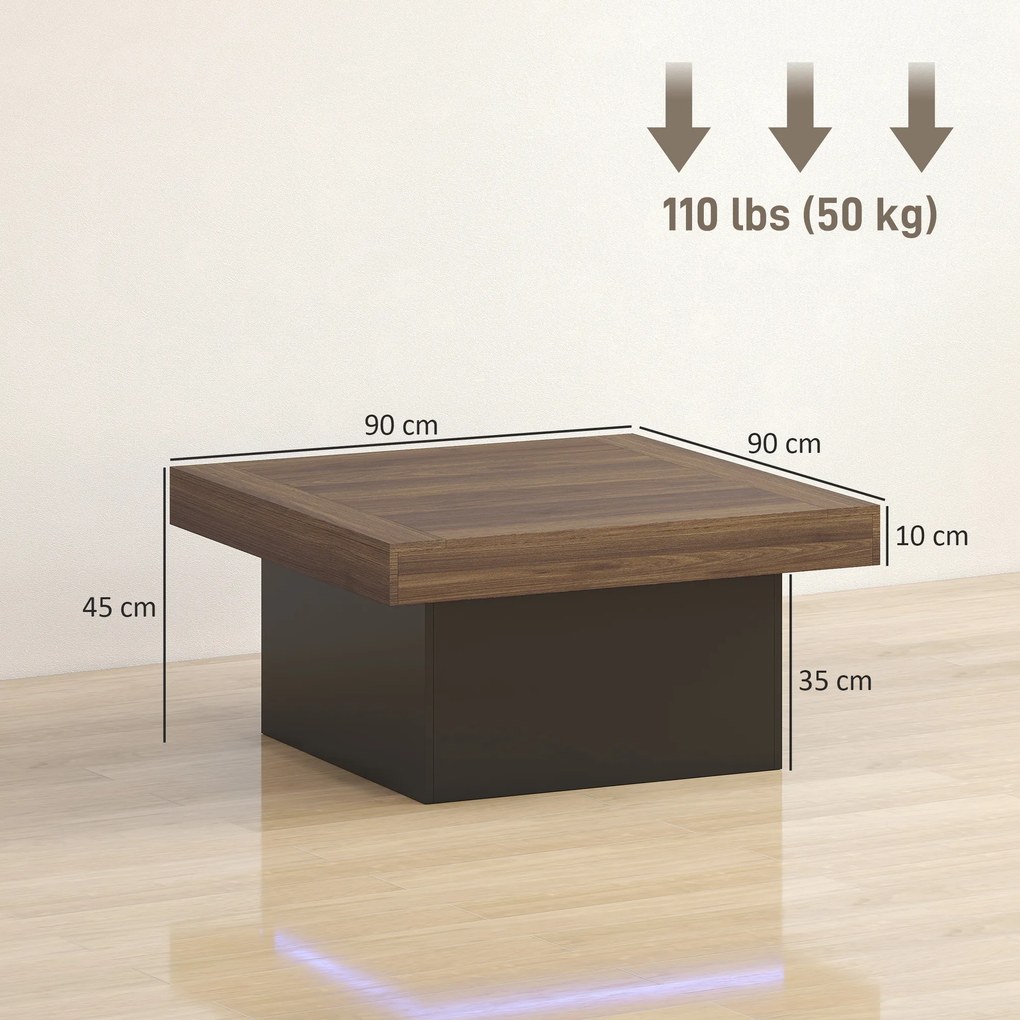 HOMCOM Čtvercový konferenční stolek s 16barevným LED osvětlením, moderní obývací stůl, 90 x 45 cm, ořech