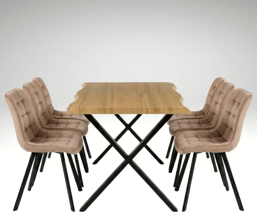 Vikio Jídelní set pro 6 osob 180x90 cm soft dub noha X béžová židle VJS238-6BE-S