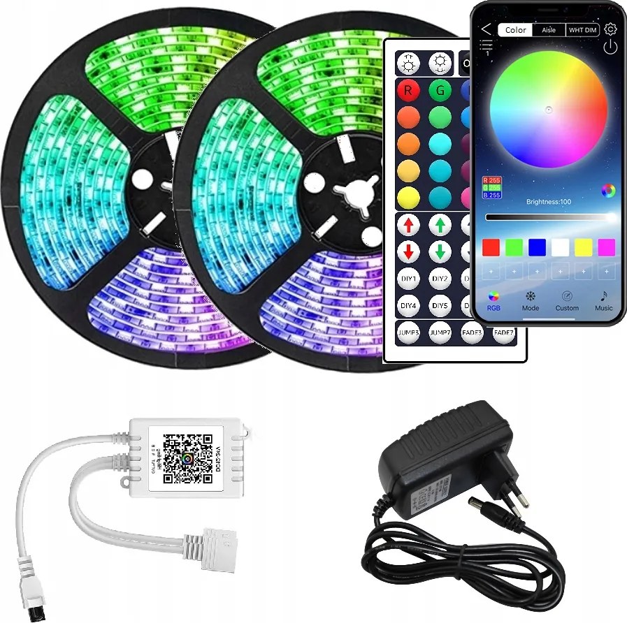Led pásek 10 m Rgb s aplikací pro telefon Bluetooth Dálkový Ovladač Barevný časovač 12 V