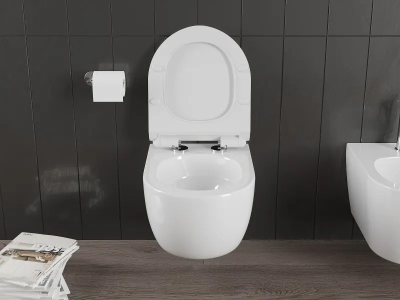 Mexen Carmen, závěsná WC mísa 490x365x340 mm, Rimless Tornádo + WC sedátko z duroplastu, bílá lesklá, 30880100T