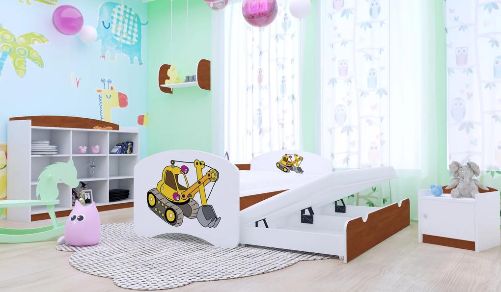 Svět pokojů Dětská postel Kevin pro dvě děti - žlutý bagr + matrace zdarma Barva: Bílá, Rozměr: 160x80 cm, Zábrana: NE