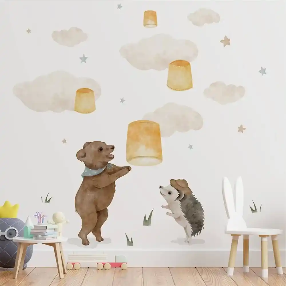 Gario Dětská nálepka na zeď Magická zvířátka - medvídek, ježek a lampiony |  BIANO