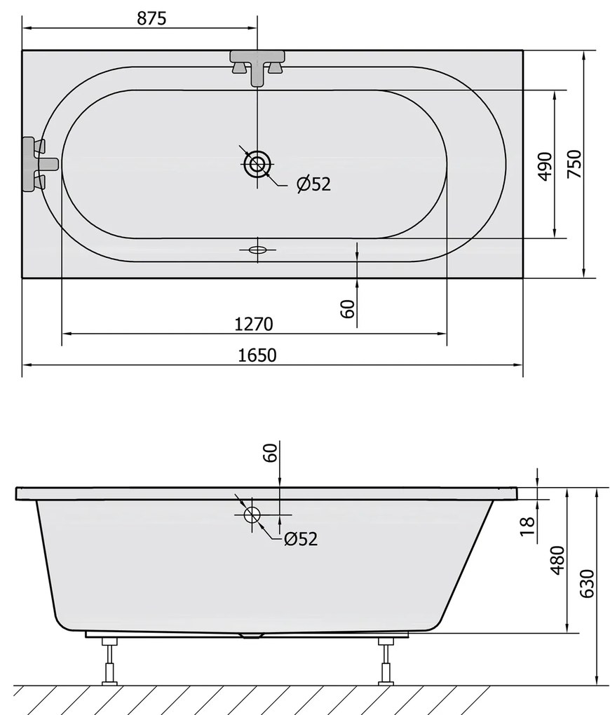 Polysan ASTRA B SLIM obdélníková vana 165x75x48cm, bílá, 32611S