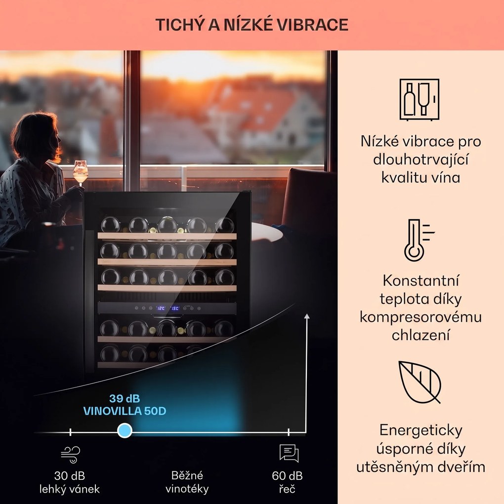 Klarstein Vinovilla 50 Duo dvouzónová vinotéka 153 l 51 lahví 3barvy skleněné dveře