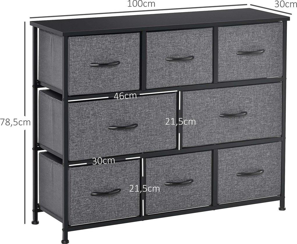 HOMCOM Komoda s 8 textilními zásuvkami, úložná skříň s úchyty, kovový rám, moderní design do ložnice a obývacího pokoje v tmavě šedé barvě