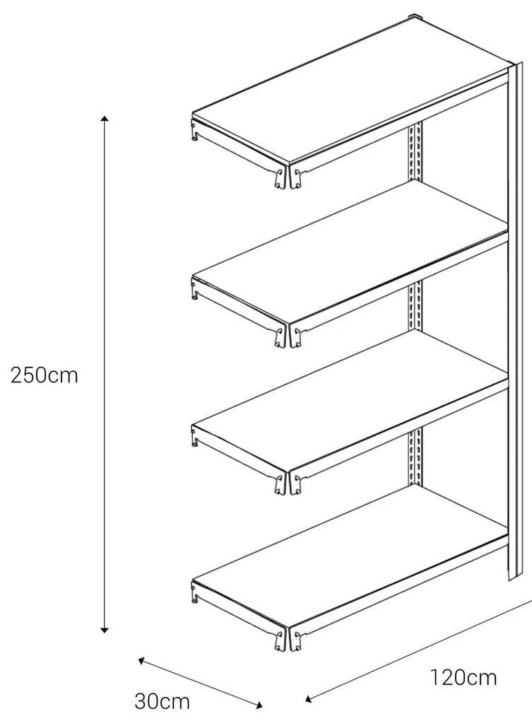 Bezšroubové kovové regál přídavný modul 250x120x30cm T profil, 4 police