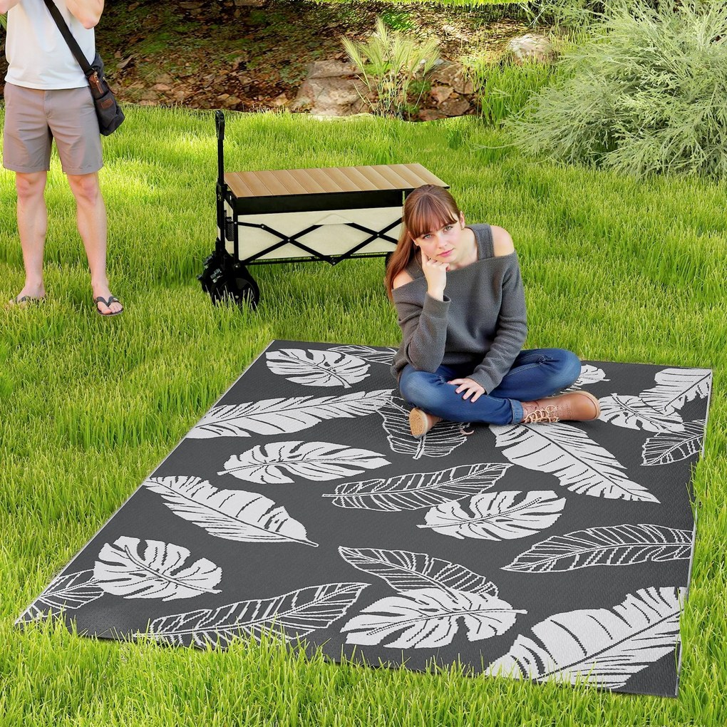 Venkovní koberec Outsunny, kempingová podložka s oboustranným designem, voděodolný plastový koberec na balkon, terasa, šedobílý, 182 x 274 cm | Aosom