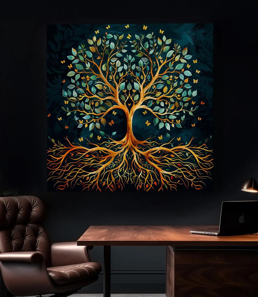 Obraz na plátně - Strom života Zlatavé kořeny Emdrasil FeelHappy.cz Velikost obrazu: 60 x 60 cm