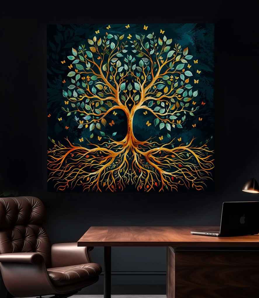 Obraz na plátně - Strom života Zlatavé kořeny Emdrasil FeelHappy.cz Velikost obrazu: 80 x 80 cm