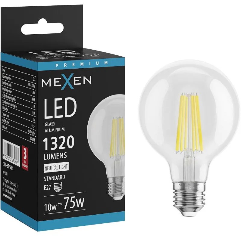 Mexen Vintis LED žárovka s vláknem E27, G80, 10W, Neutrální - 4000K, 1320 lm, čirá - L155-E27-1040-00