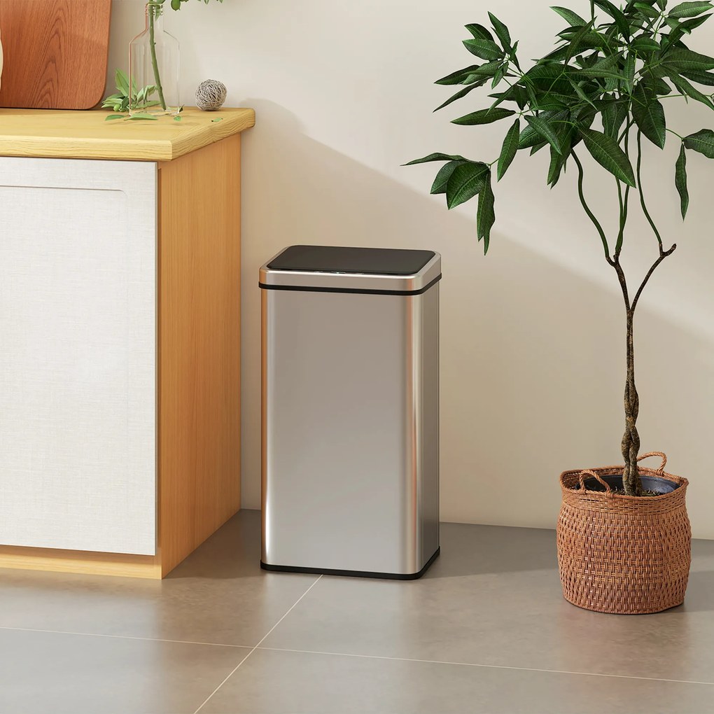 HOMCOM Senzorový odpadkový koš 50 l nerezová ocel Automatický odpadkový koš s víkem s měkkým zavíráním Senzor pohybu 35,5 x 26 x 67 cm Stříbrná barva