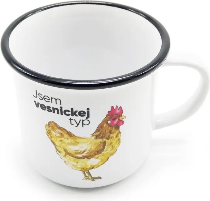 Keramický hrnek Jsem vesnickej typ, 250 ml – s motivem slepičky, autorský design, ve stylu plecháčku