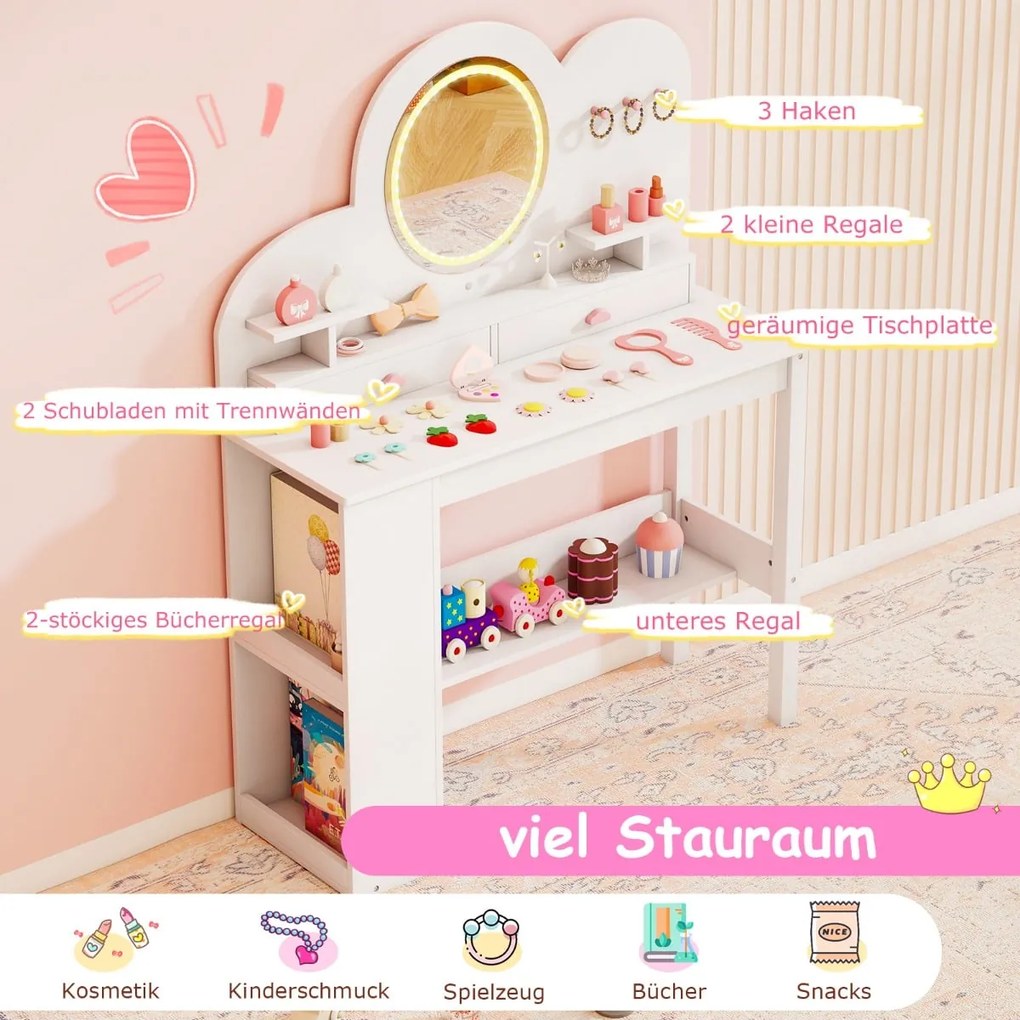 Costway Dětský toaletní stolek s osvětlením Sada toaletního a židlí Princess s 2