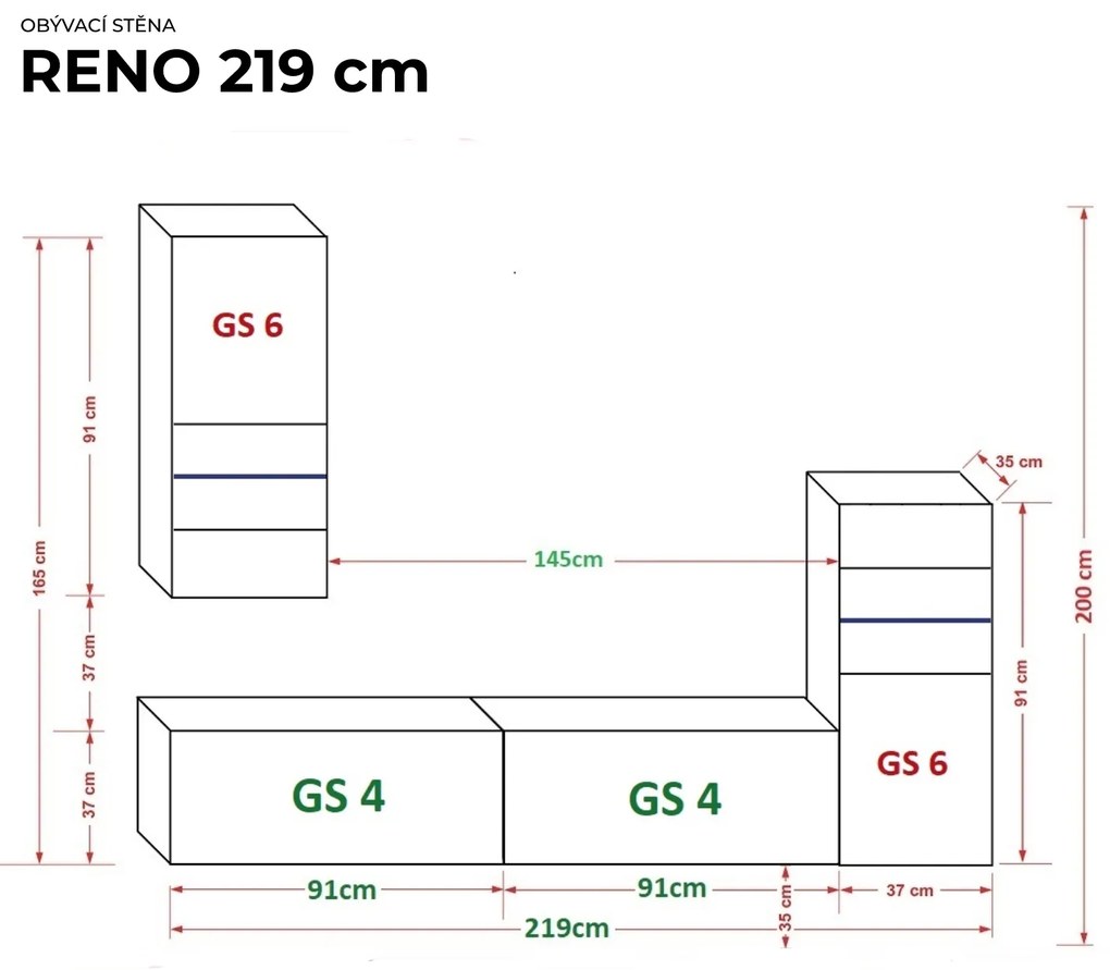 Ral Obývací stěna RENO 2, 219 cm - Bílý lesk