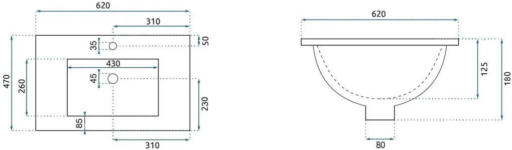 Zápustné keramické umyvadlo REA DAFNE 61,5x46,5 cm bílé