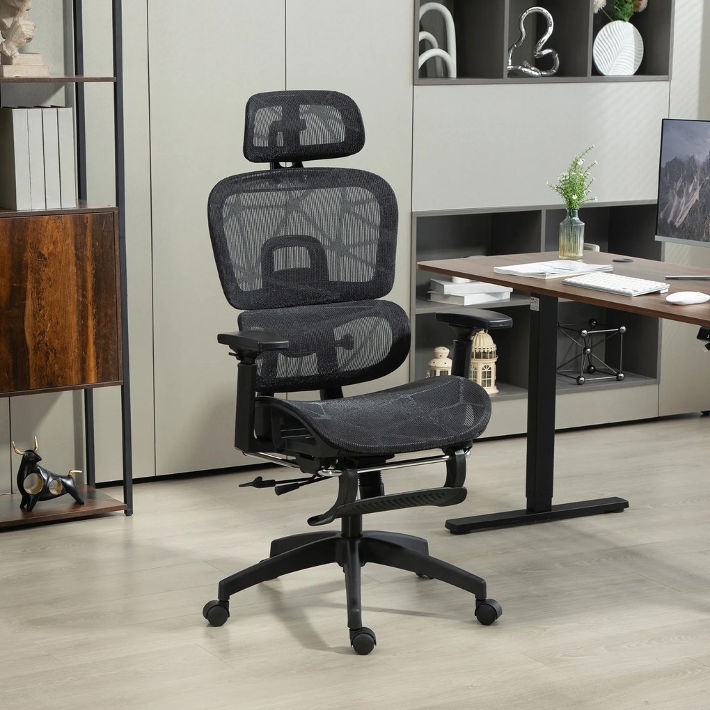 HOMCOM Ergonomická kancelářská židle s opěrkami, opěrkou hlavy, bederní oporou, výškově nastavitelná, otočná židle s funkcí houpání, sklopným mechani…