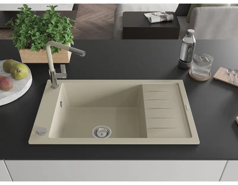 Mexen Elias, 1-komorový granitový dřez 795x480x200 mm a dřezová baterie Flora, béžová, 6511-69-670401-09