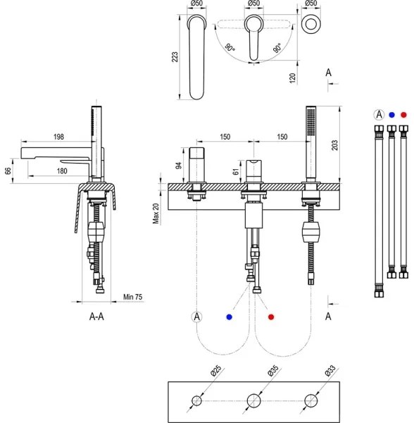 Ravak X070186 - Vanová baterie 3-otvorová PURI černá