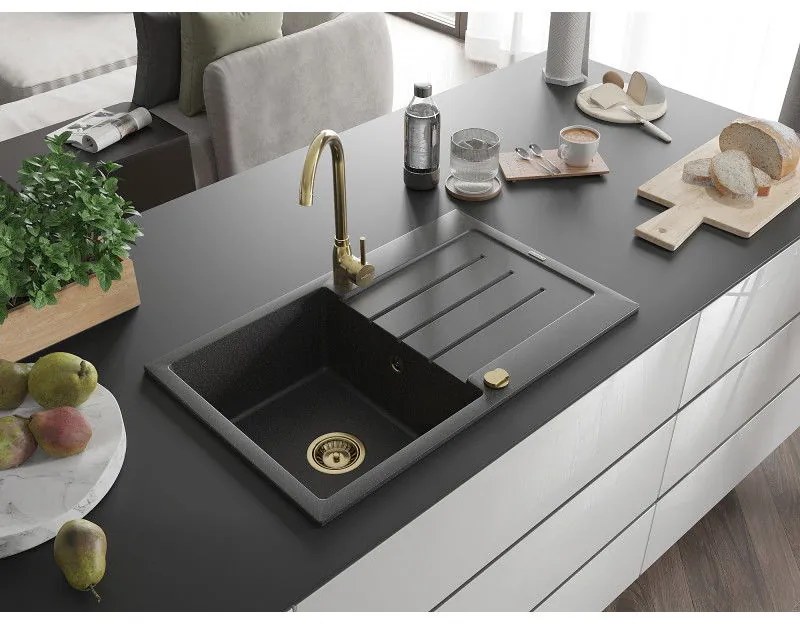 Mexen Bruno, granitový dřez 795x495x200 mm, 1-komorový, černá skvrnitá se zlatým sifonem, 6513791010-76-G