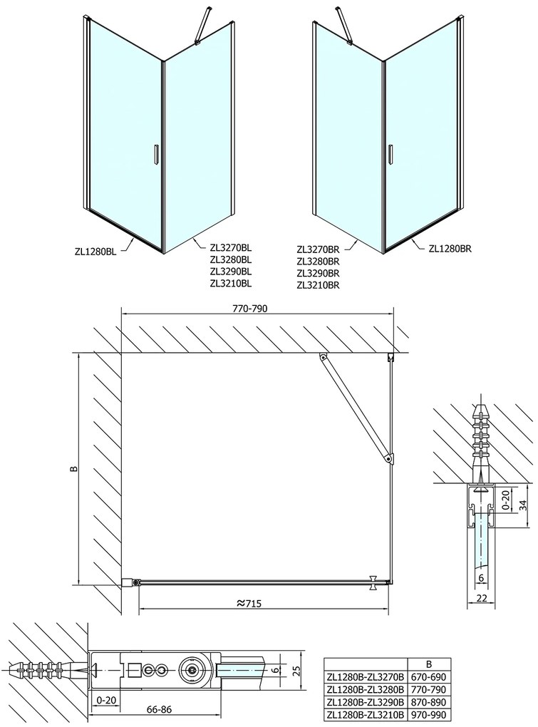 Polysan, Zoom Line Black čtvercová sprchová zástěna 800x800mm L/P varianta, ZL1280BZL3280B