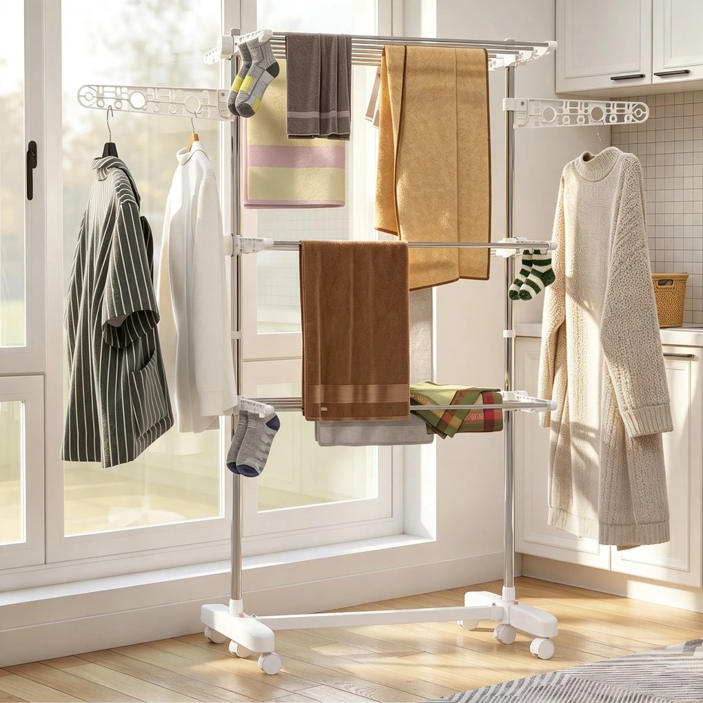 HOMCOM Mobilní sušák na prádlo na koně skládací 3 úrovně s kolečky 80-142 x 55 x 152 cm, ideální pro sušení s úsporou místa | Aosom.de