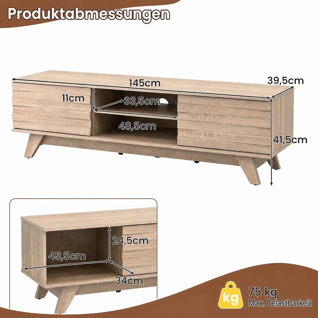 Costway TV stolek pro televizory do 55 palců s posuvnými dvířky, dub